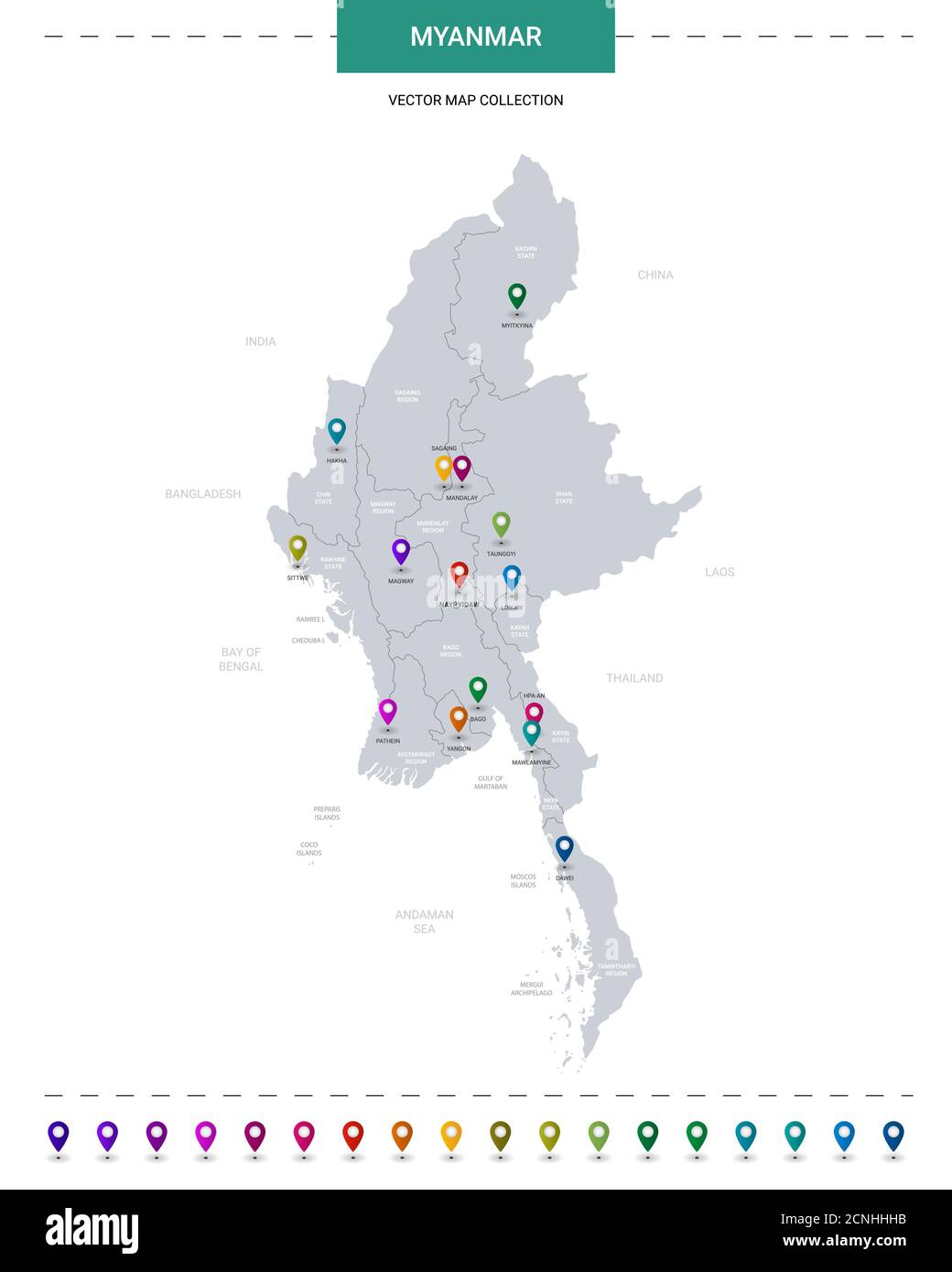 Myanmar Burma map with location pointer marks. Infographic vector template, isolated on white ...