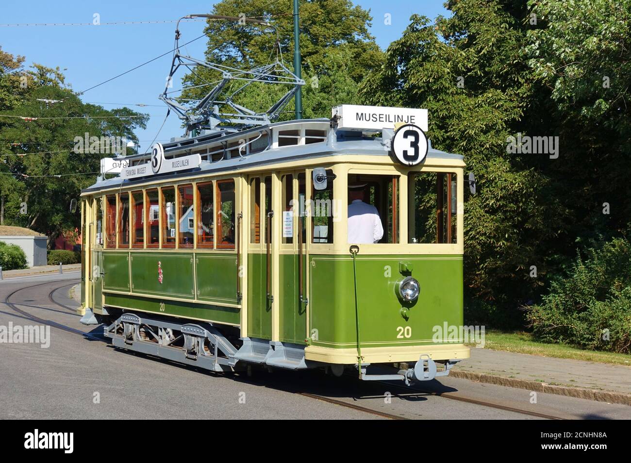 MALMO, SWEDEN -16 AUG 2020- View of an old green tramway on the ...