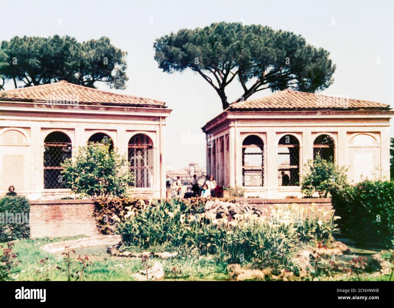 Tourists visiting the Farnese Aviaries and gardens on Palatine Hill ...