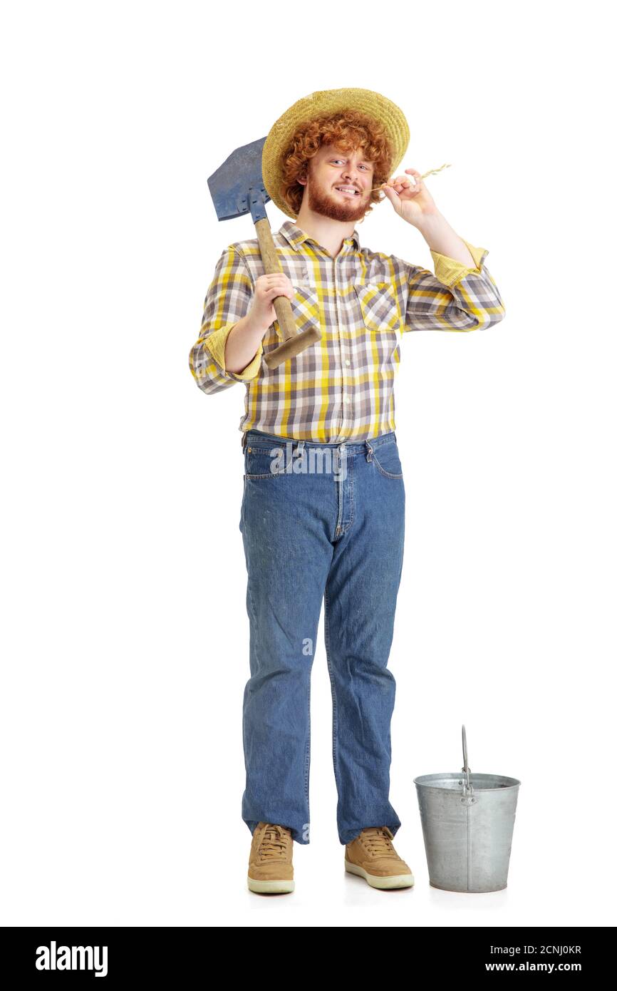Handsome farmer, rancher isolated over white studio background. Concept ...