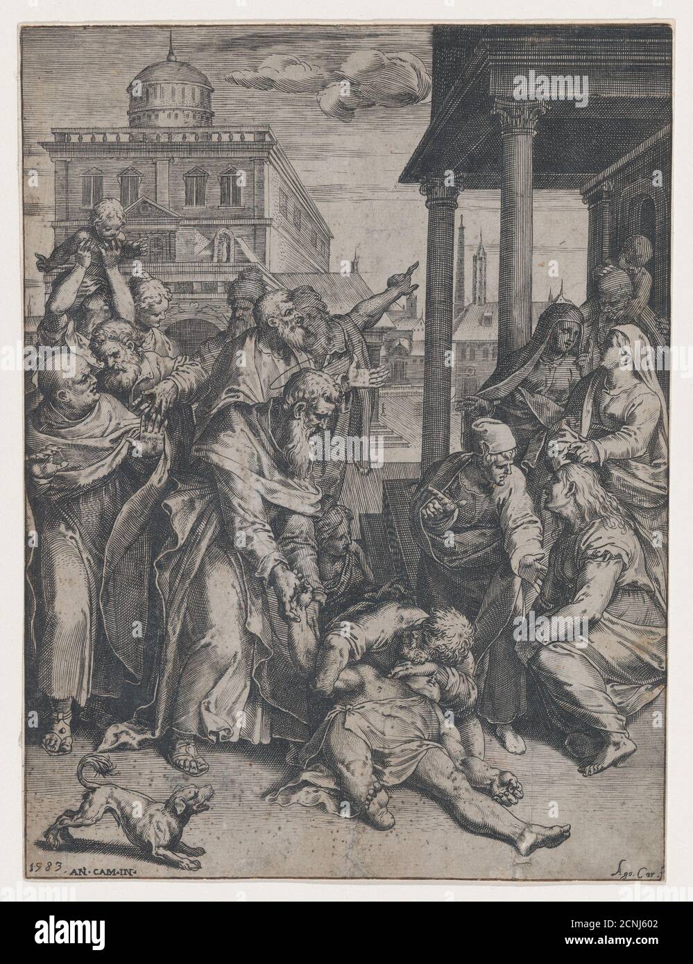 Saint Paul raising Patroclus who is on the ground, surrounded by a ...