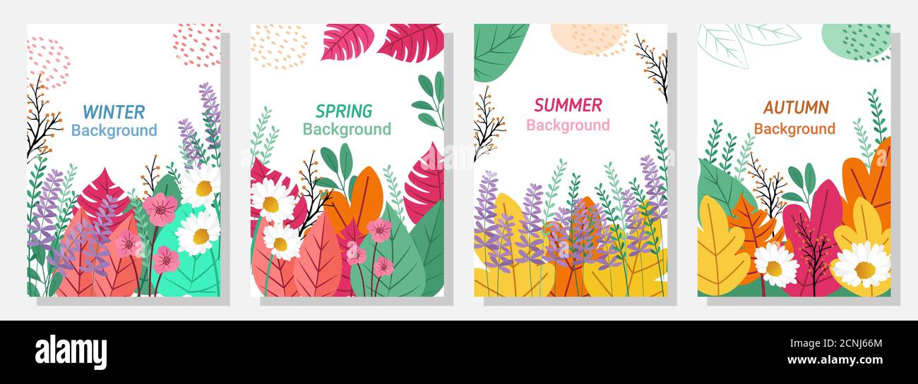Vector set four seasons, winter, spring, summer, autumn, flowers and ...