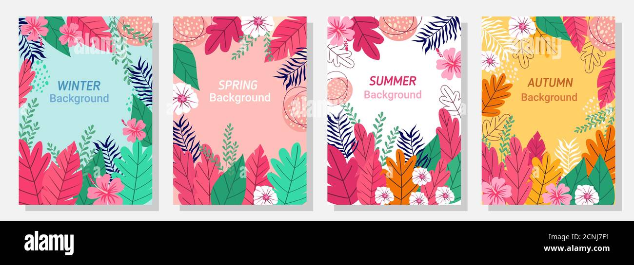 Vector set four seasons, winter, spring, summer, autumn, flowers and ...