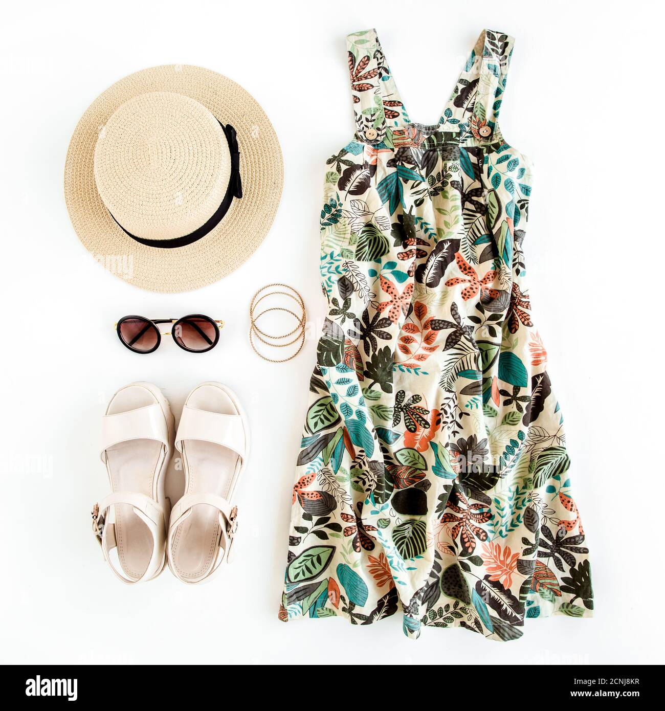 Woman summer clothes travel, collage on white background. Sundress ...