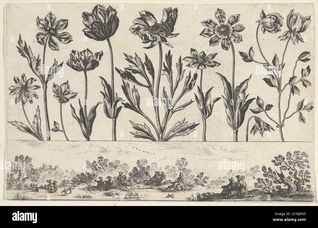 Horizontal Panel with a Row of Flowers Above a Frieze with Figures in a ...
