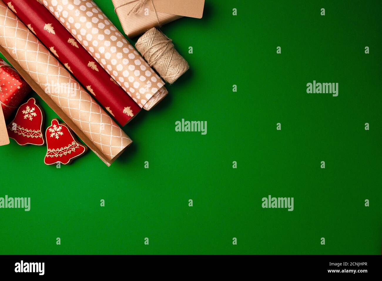 Wrapping paper rolls for Christmas presents top view Stock Photo - Alamy