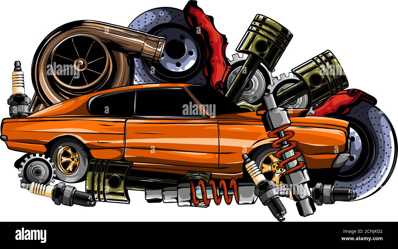 Vintage car components collection witn automobile motor engine piston ...