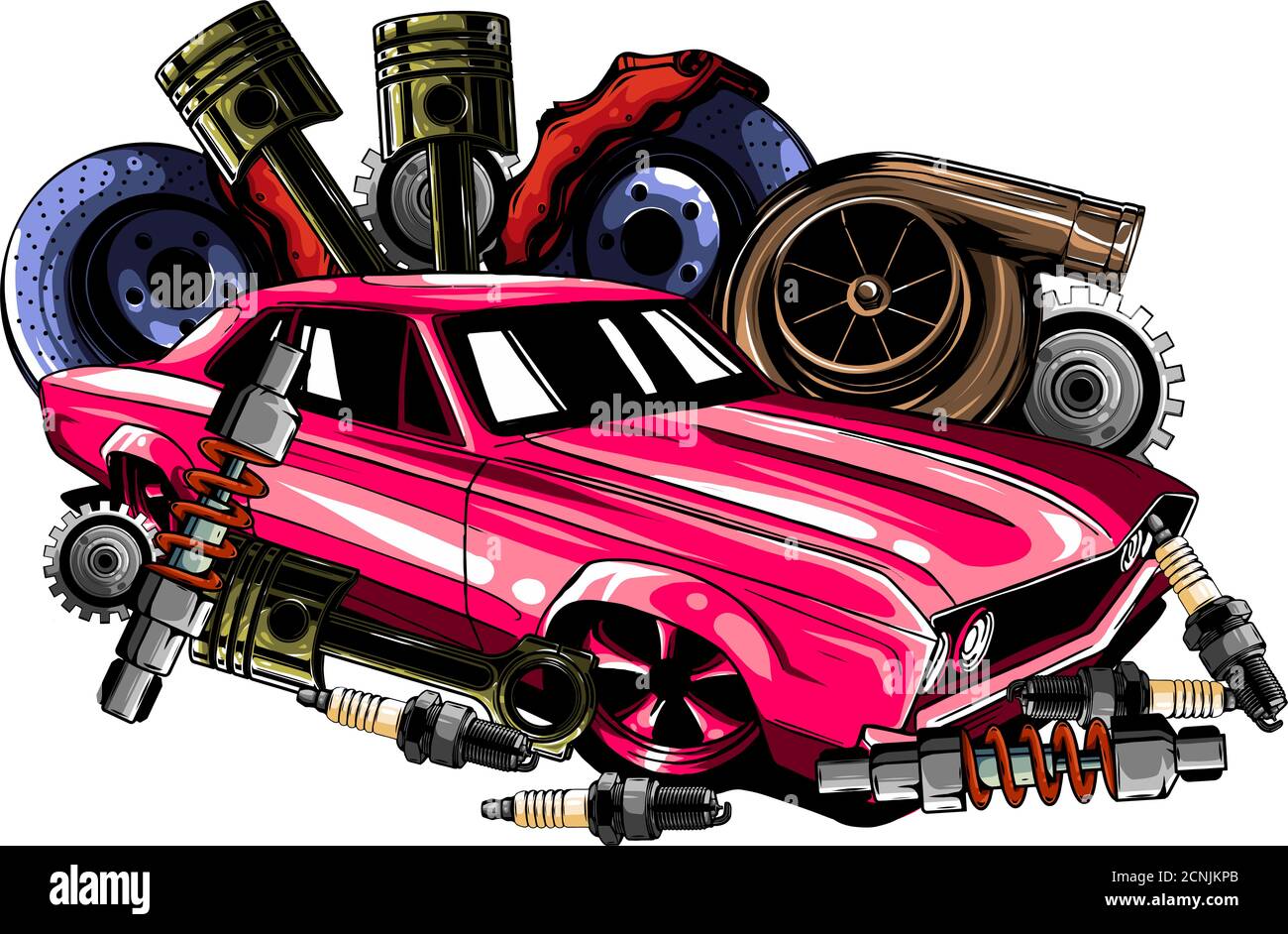 Vintage car components collection witn automobile motor engine piston ...