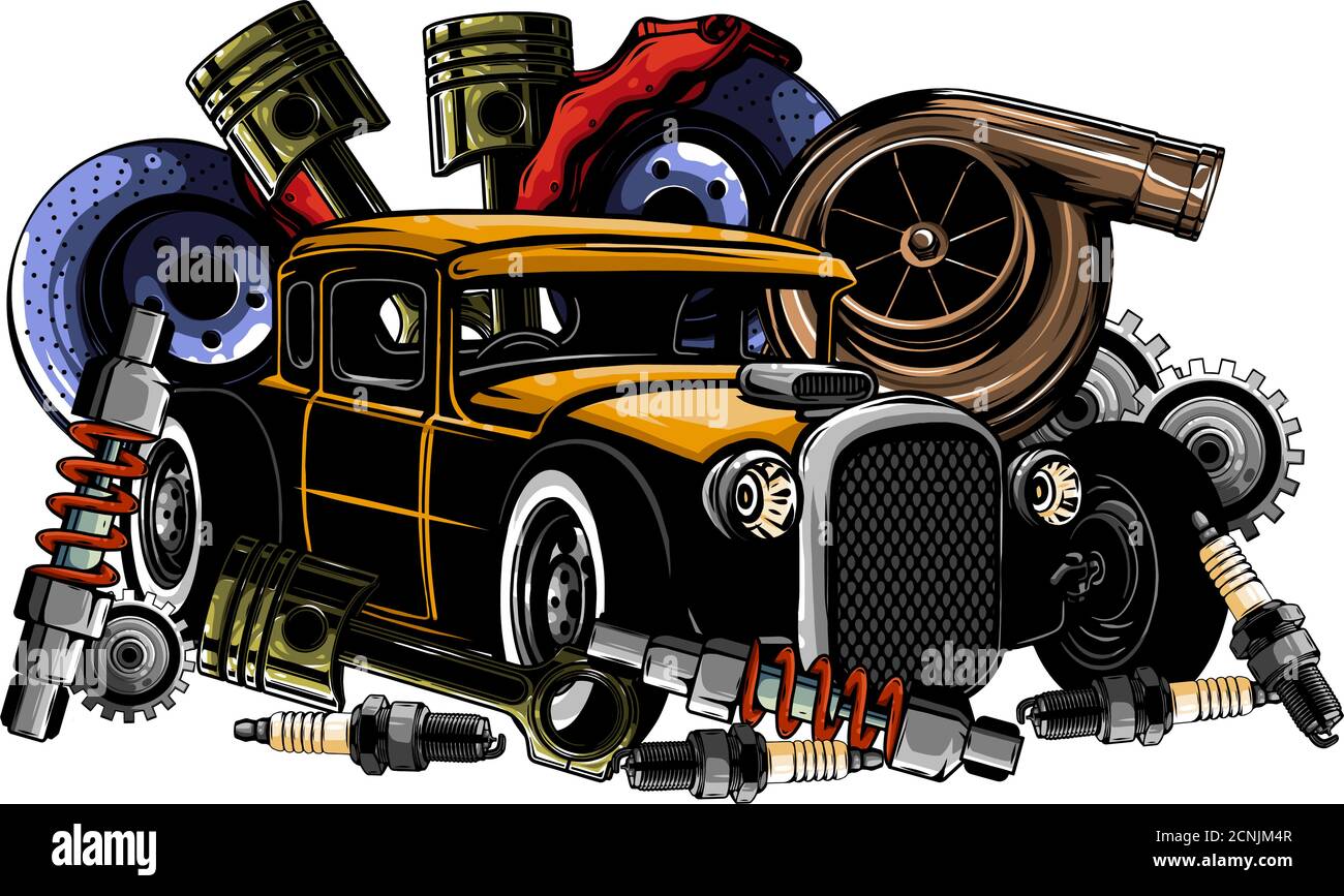 Vintage car components collection witn automobile motor engine piston ...