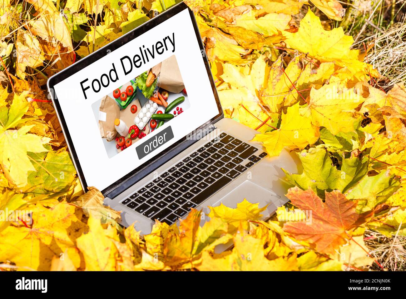 Food take away website in a laptop screen. Lunch at the office Stock ...
