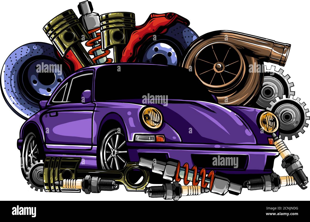 Vintage car components collection witn automobile motor engine piston ...