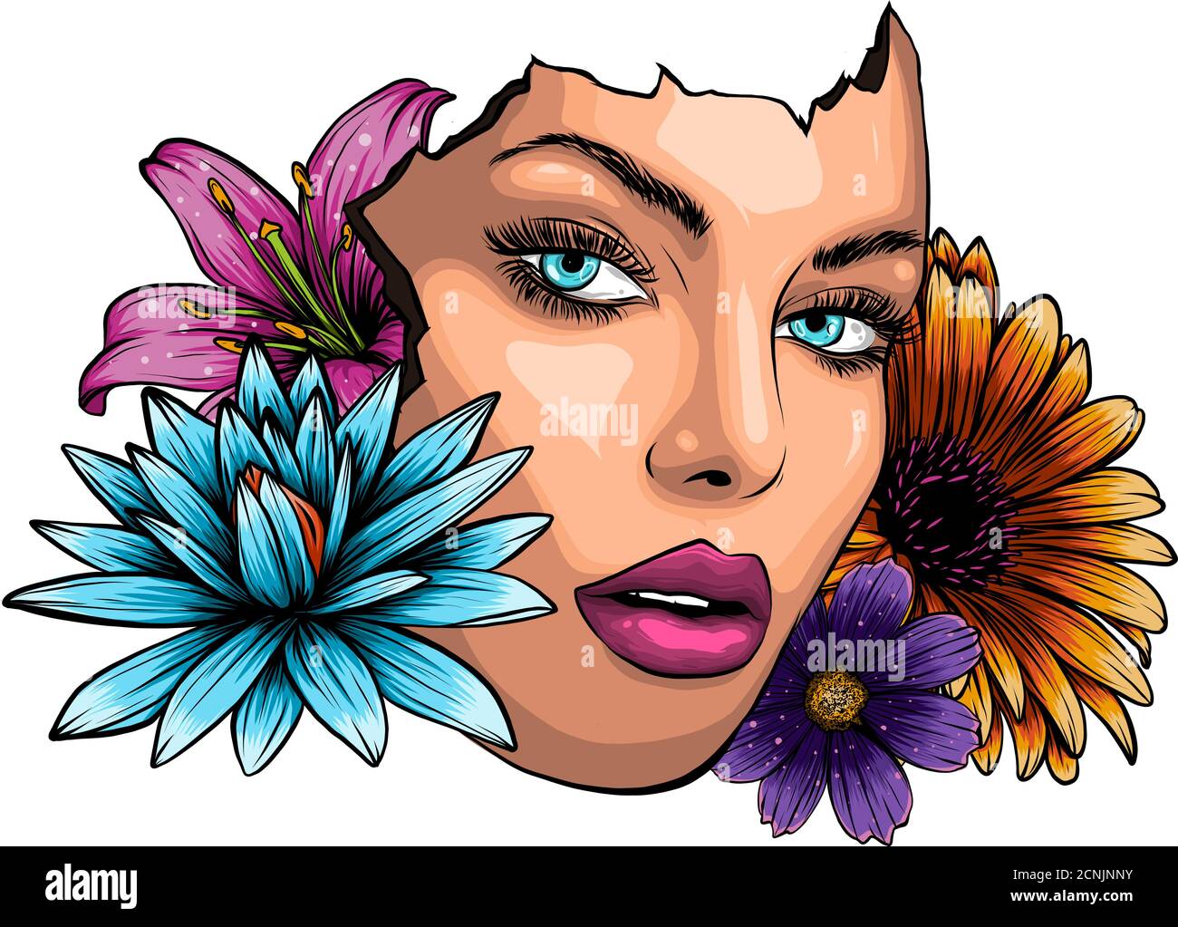 portrait of young beautiful woman with flowers vector Stock Vector ...