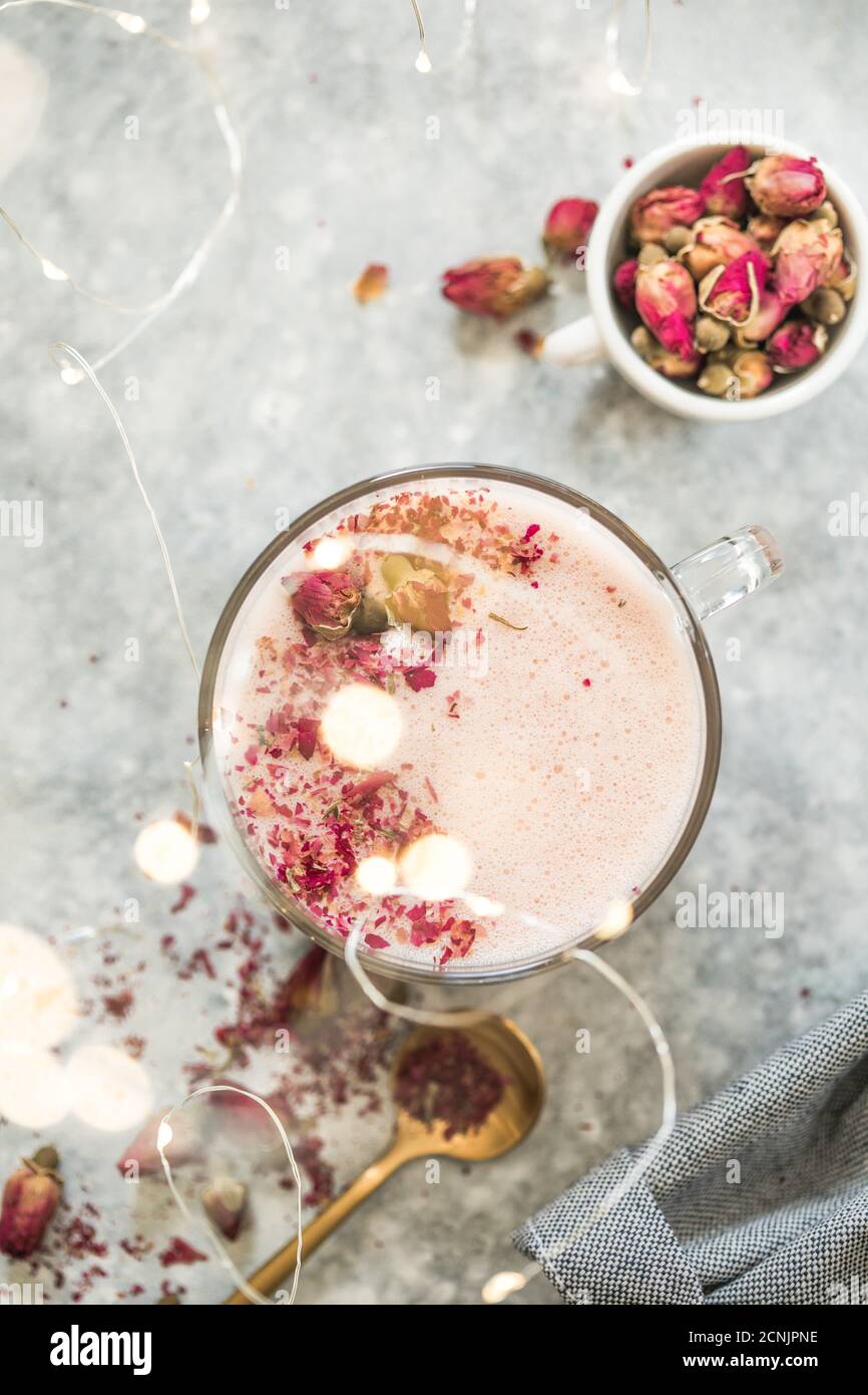 Pink matcha latte with milk. Trendy beverage. Christmas drink ...