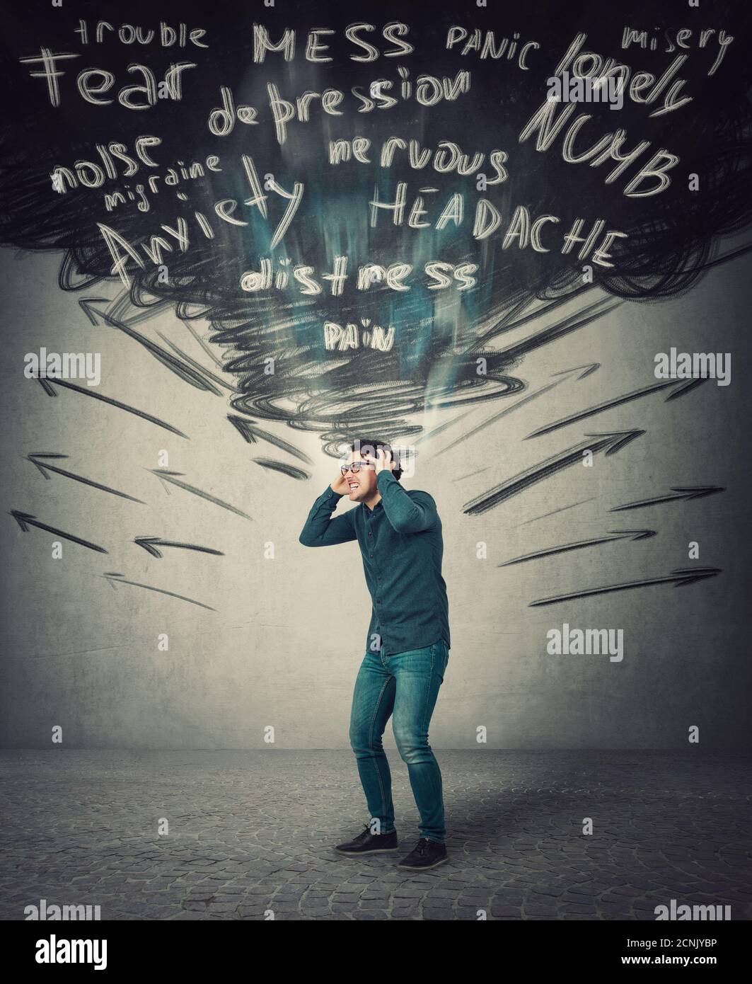 Stressed businessman feels headache, keeps hands to head screaming and ...