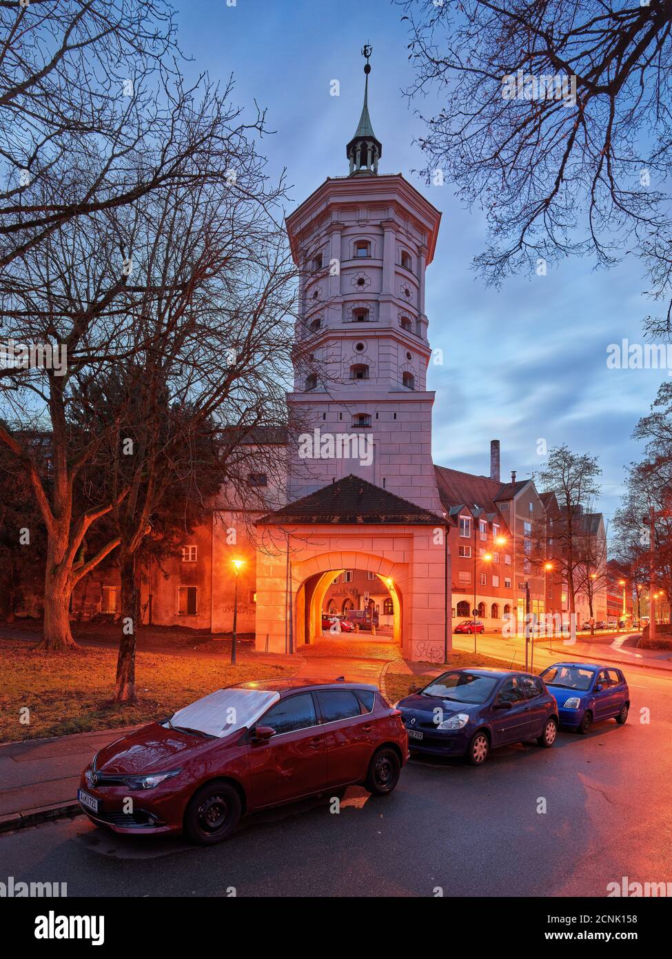 Gate, city gate, street, park, trees, houses, historic building, dawn ...