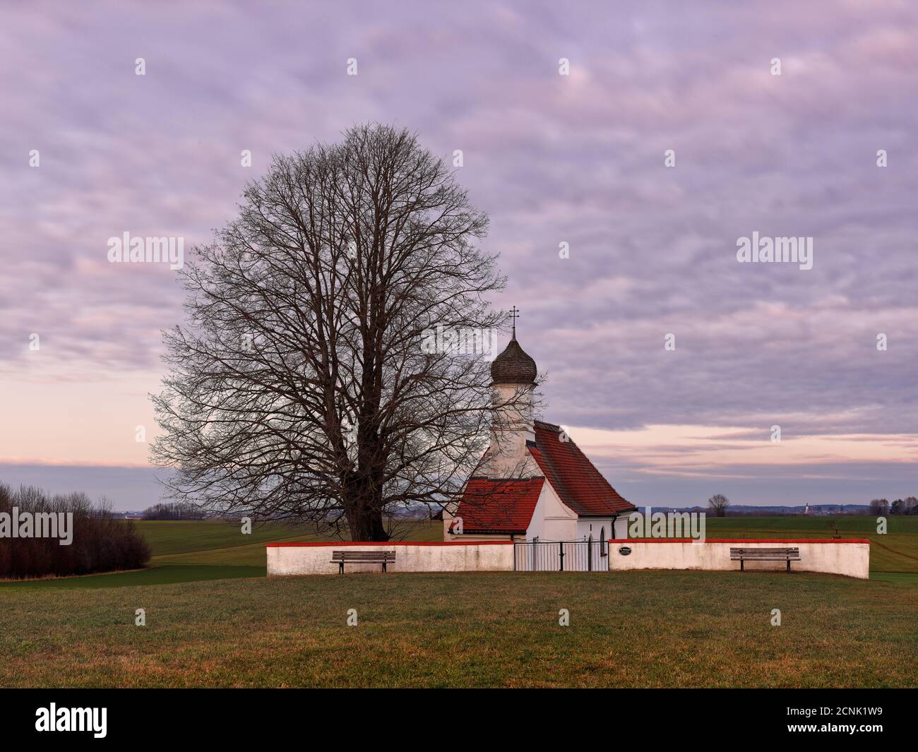Chapel, field, meadow, trees, wall, bench, gate, entrance, sky Stock ...
