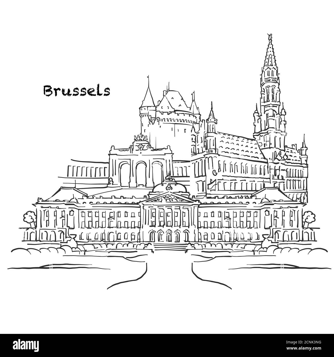 Famous buildings of Brussels, Belgium Composition. Hand-drawn black and ...