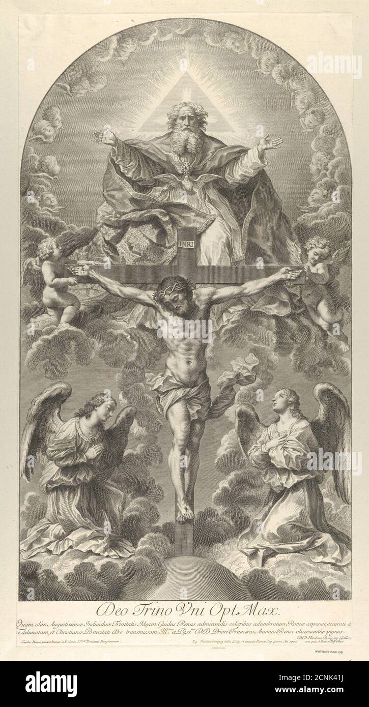 The Holy Trinity; Christ on the cross flanked by two angels, the Holy ...