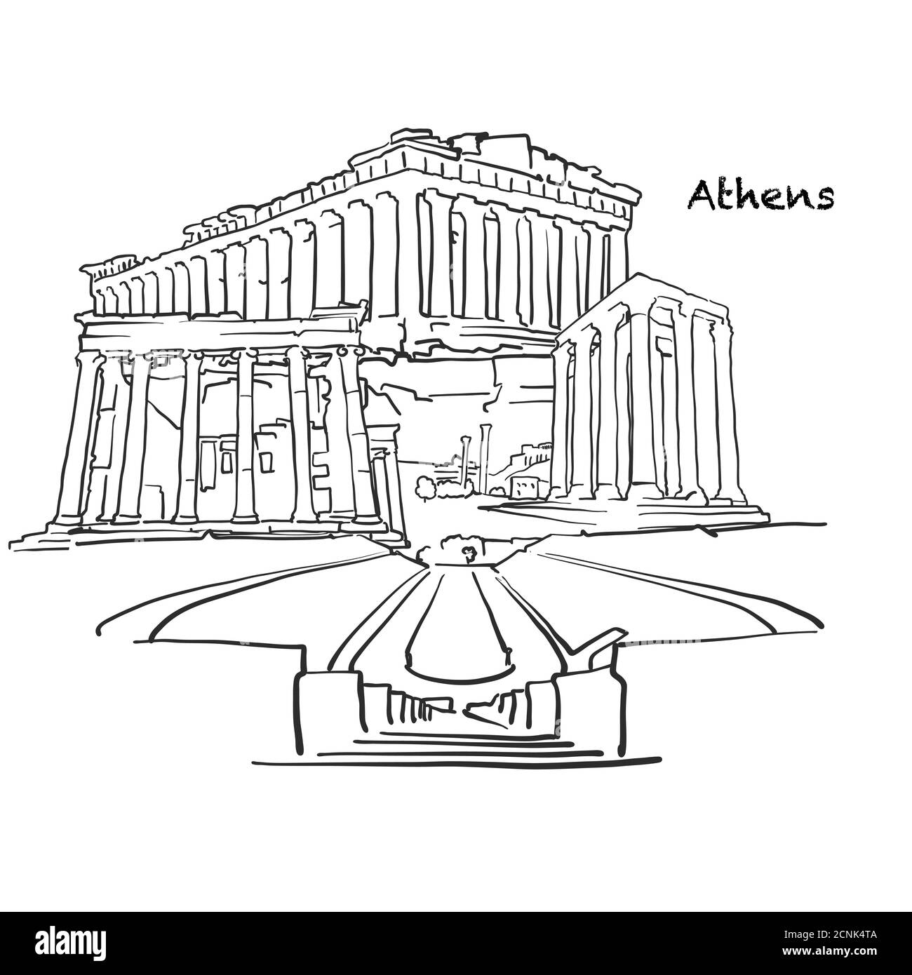 Famous buildings of Athens, Greece Composition. Hand-drawn black and ...