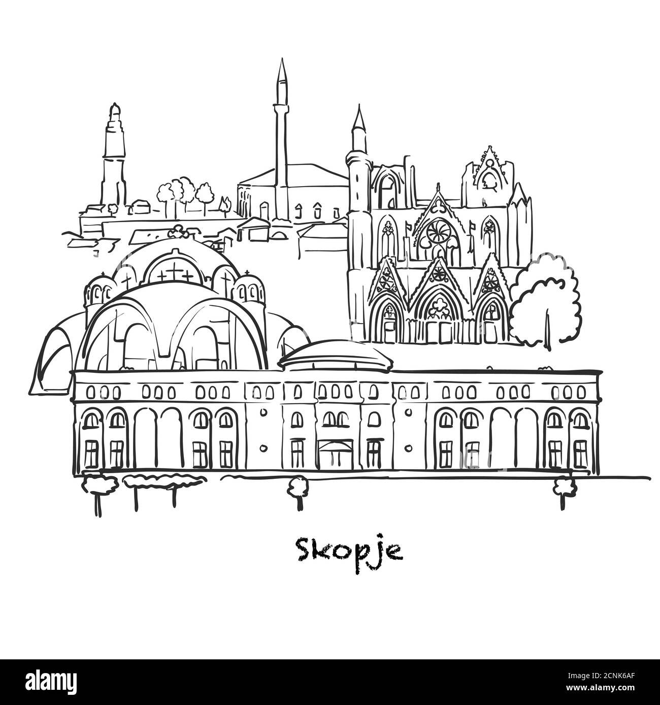 Famous buildings of Skopje, North Macedonia Composition. Hand-drawn ...
