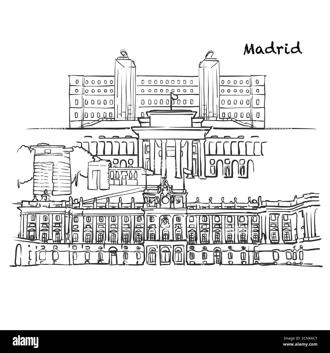 Famous buildings of Madrid, Spain Composition. Hand-drawn black and ...