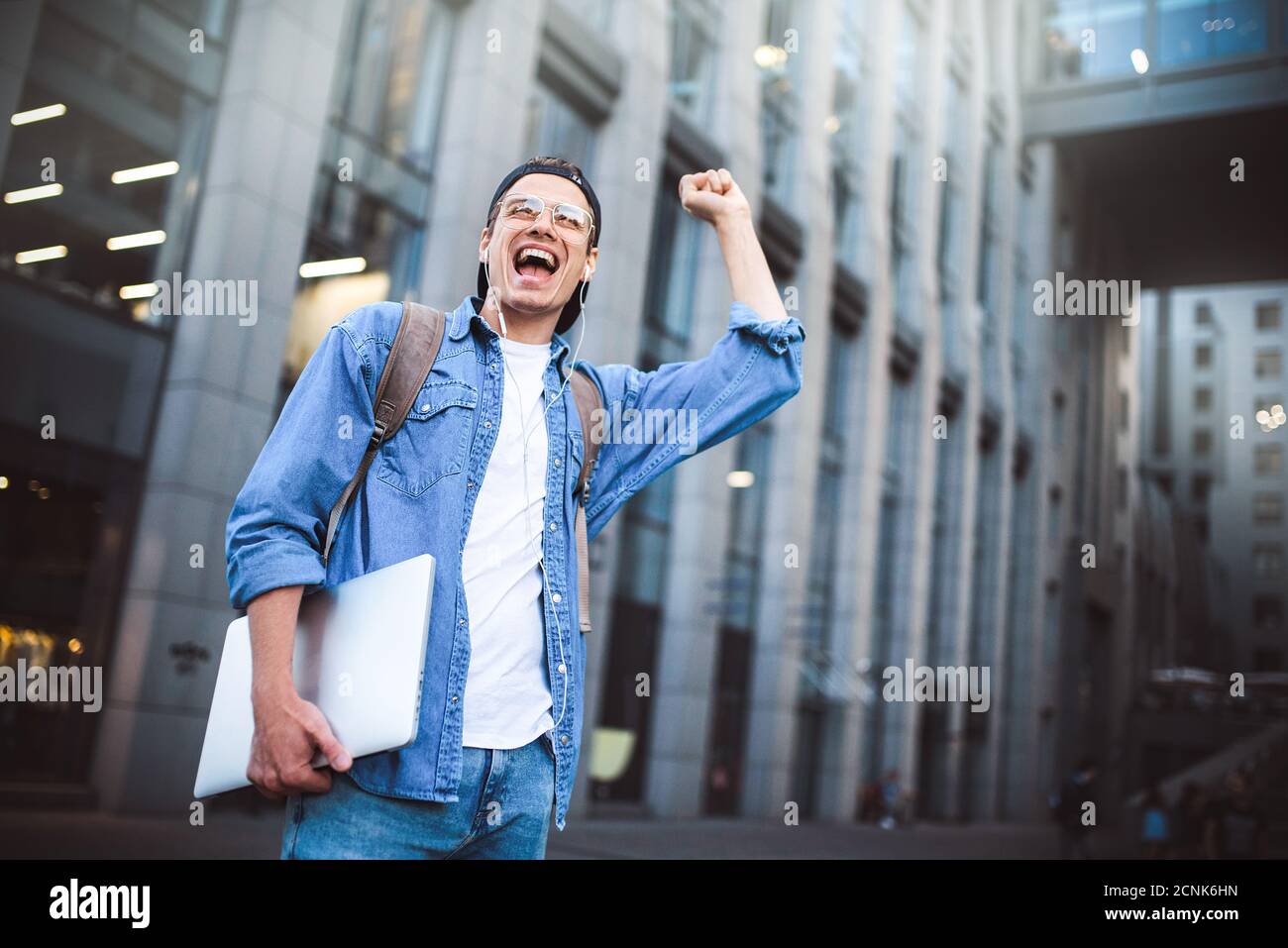 Say hello. Happy man meeting someone. Happy man listening to music with ...