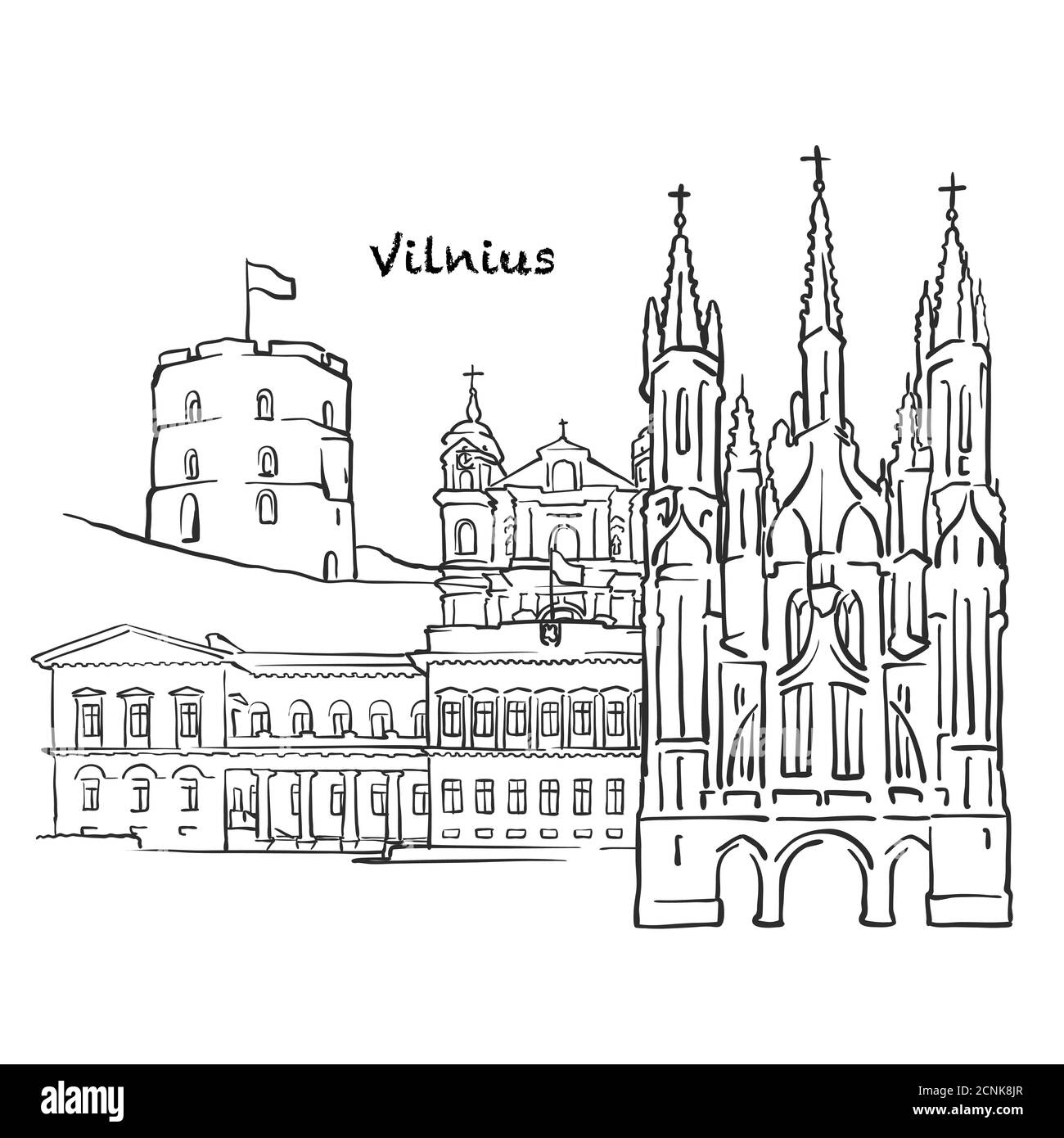 Famous buildings of Vilnius, Lithuania Composition. Hand-drawn black ...