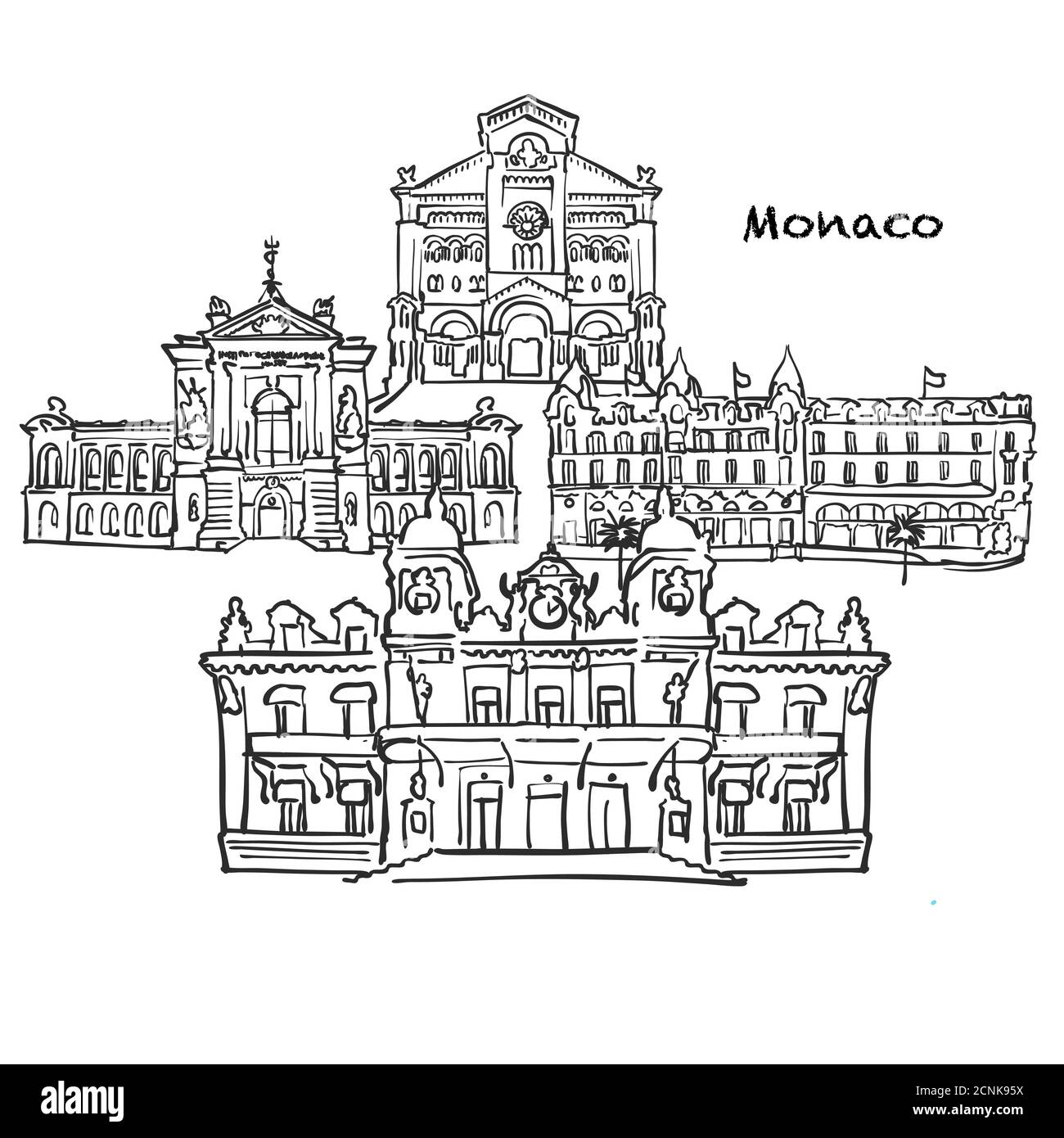 Famous buildings of Monaco, Monaco Composition. Hand-drawn black and ...