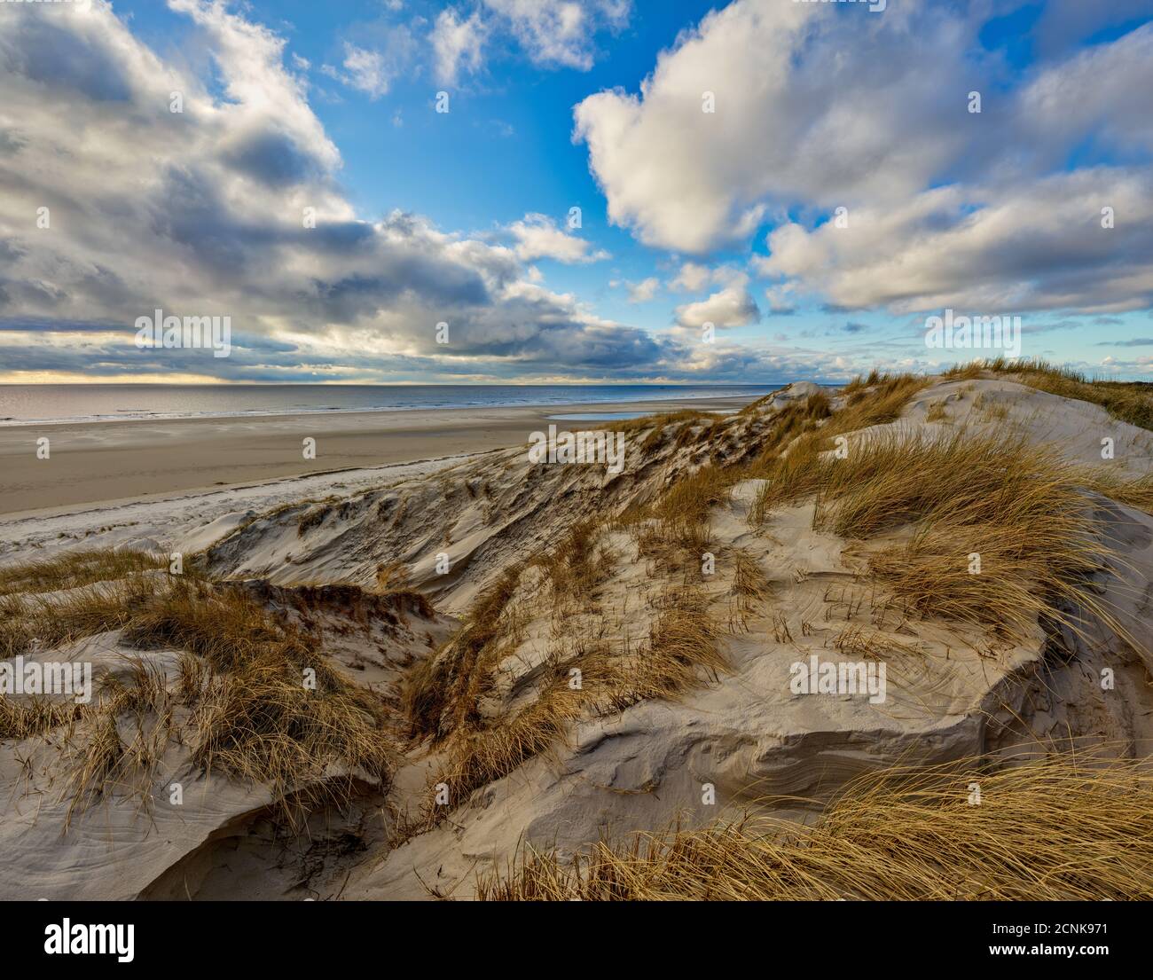 Dunes, sand, tide pools, beach, Kniepsand, sky, clouds, sunset, winter ...