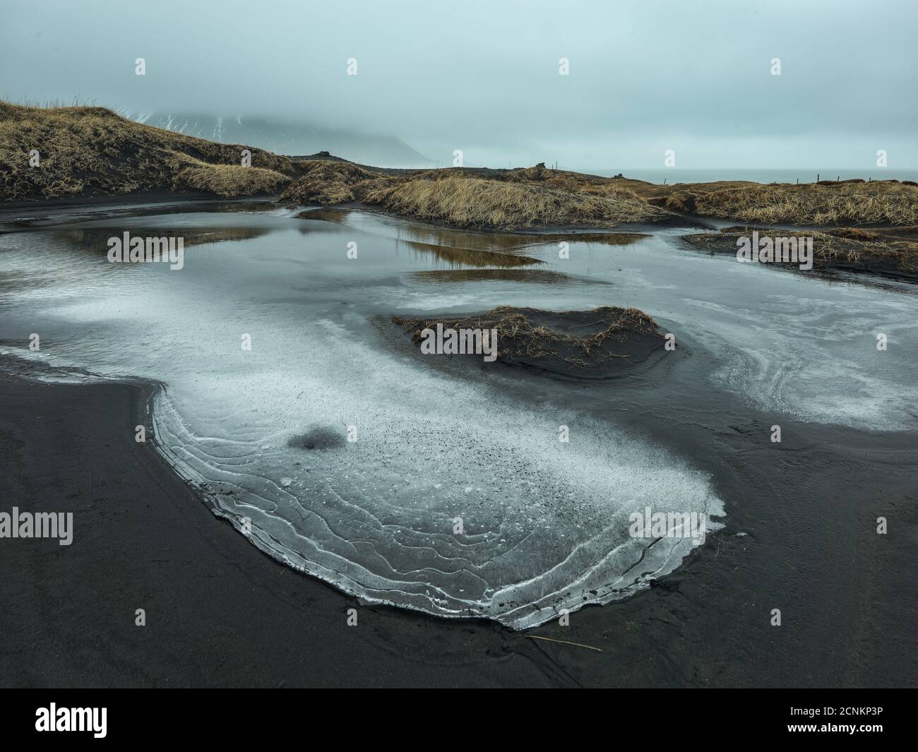 Mountains, fog, dunes, lake, pool, puddle, sand, black sand, black ...