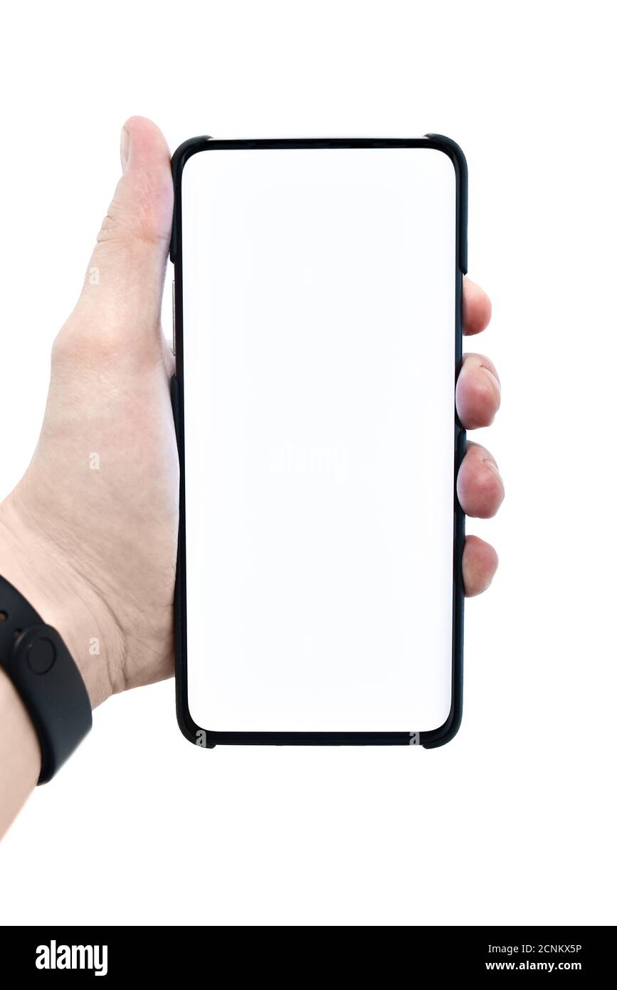 Mobile smartphone with a white display with a white background and copy ...