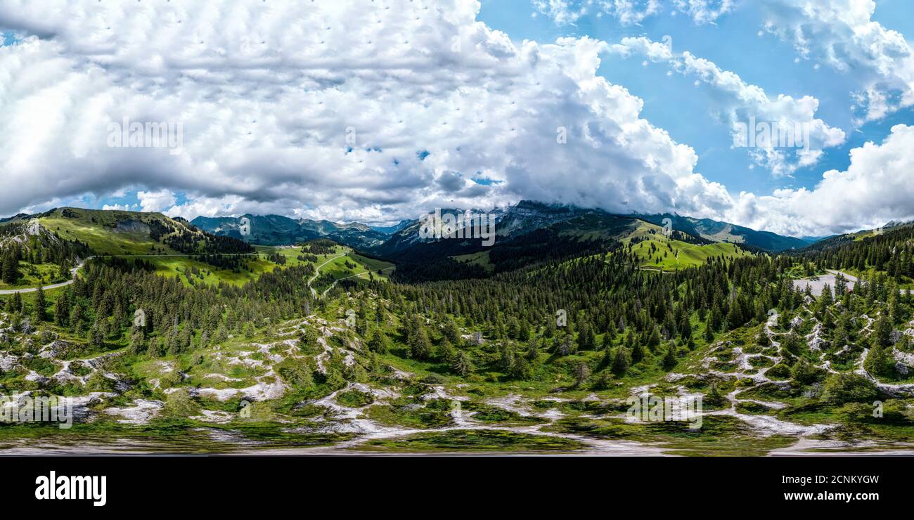 Alpine 360-degree panoramic view from drone, summer day Stock Photo - Alamy