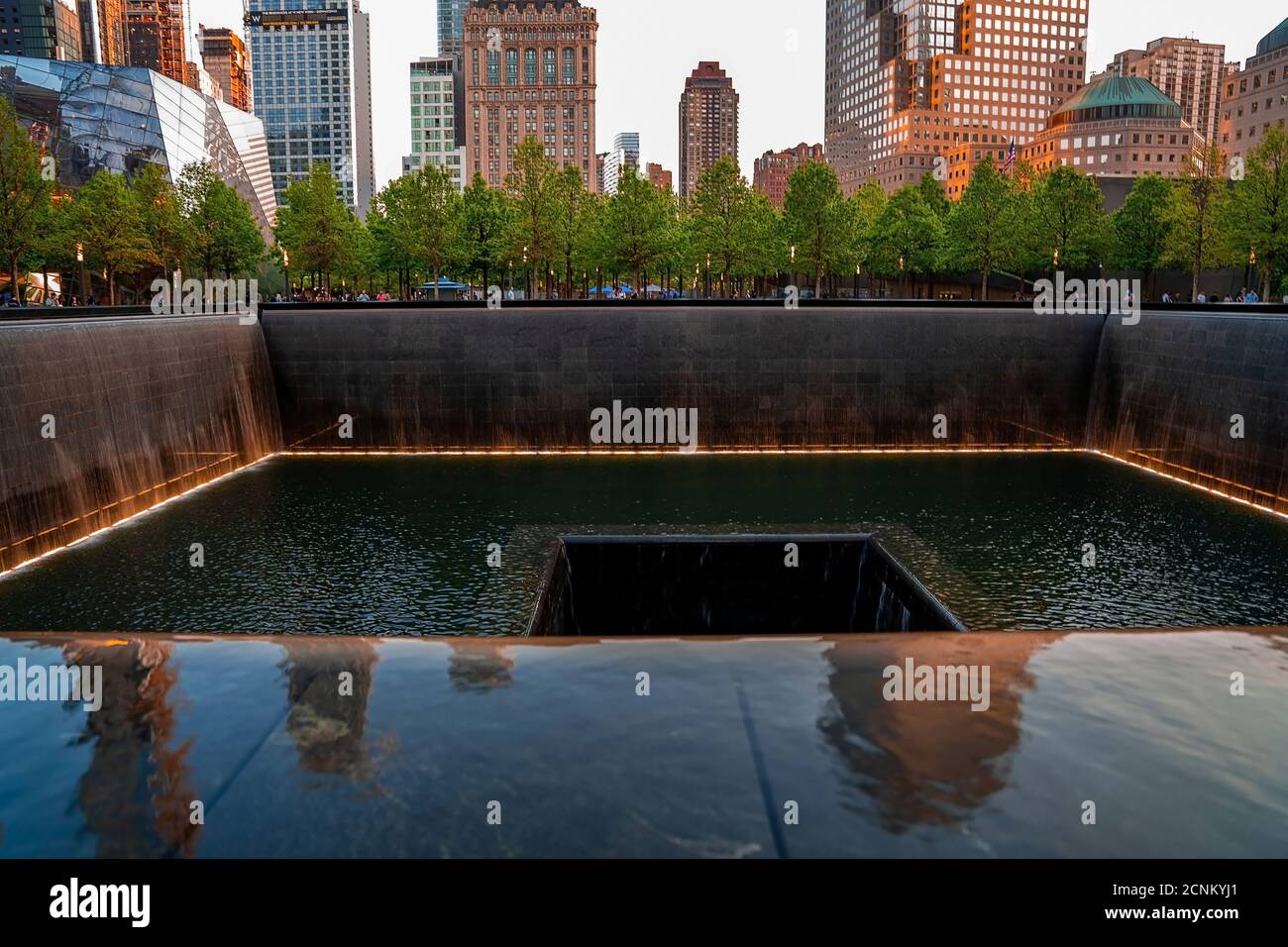 Closeup shot of the 9/11 Memorial and buildings in New York, USA Stock ...