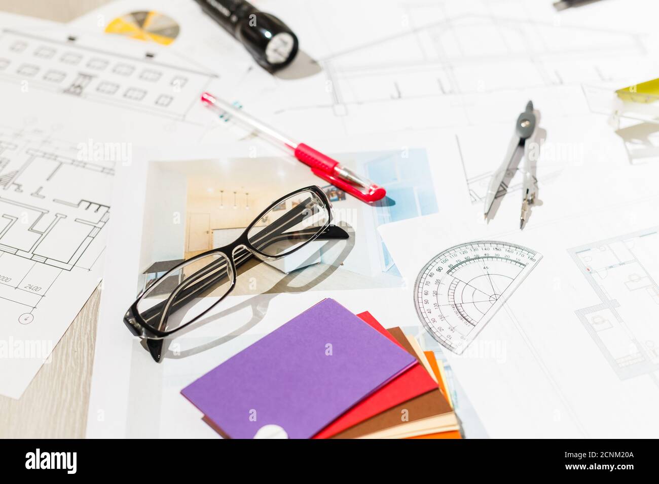 Architectural project, ruler and pencil. Construction background Stock ...