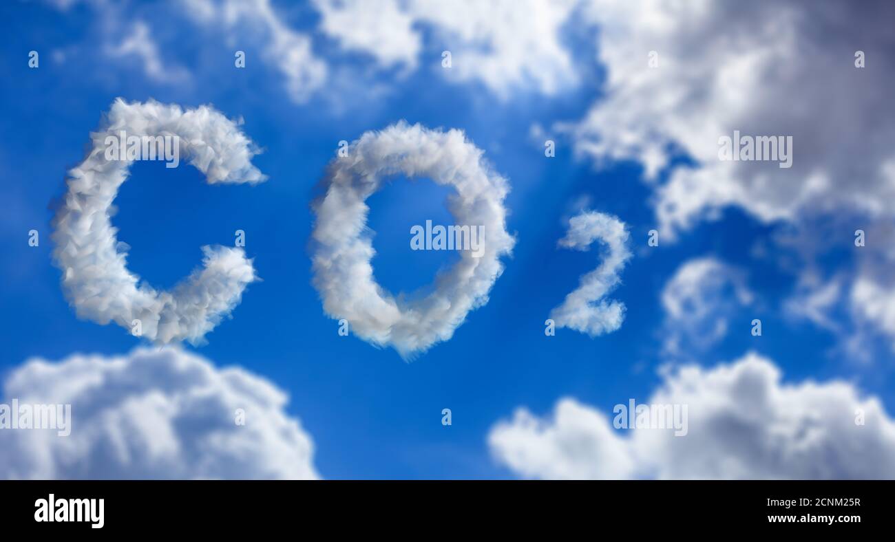 CO2 emissions pollution. Carbon Dioxide cloud text sign on blue cloudy ...
