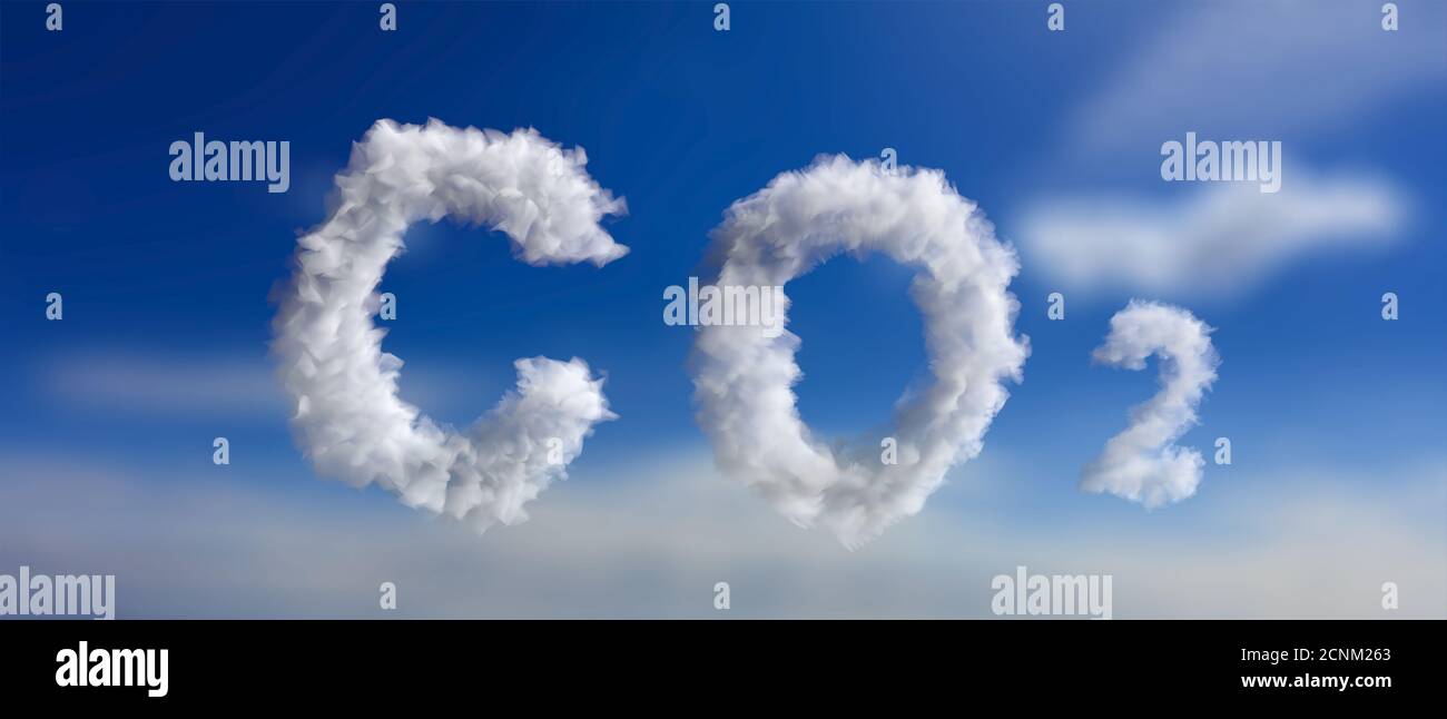 CO2 emissions pollution. Carbon Dioxide cloud text sign on blue sky ...