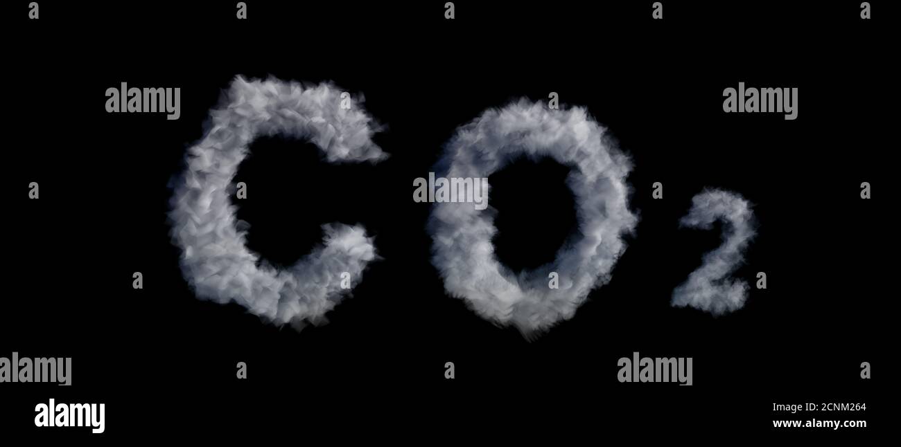 CO2 emissions pollution. Carbon Dioxide cloud text sign on black color ...