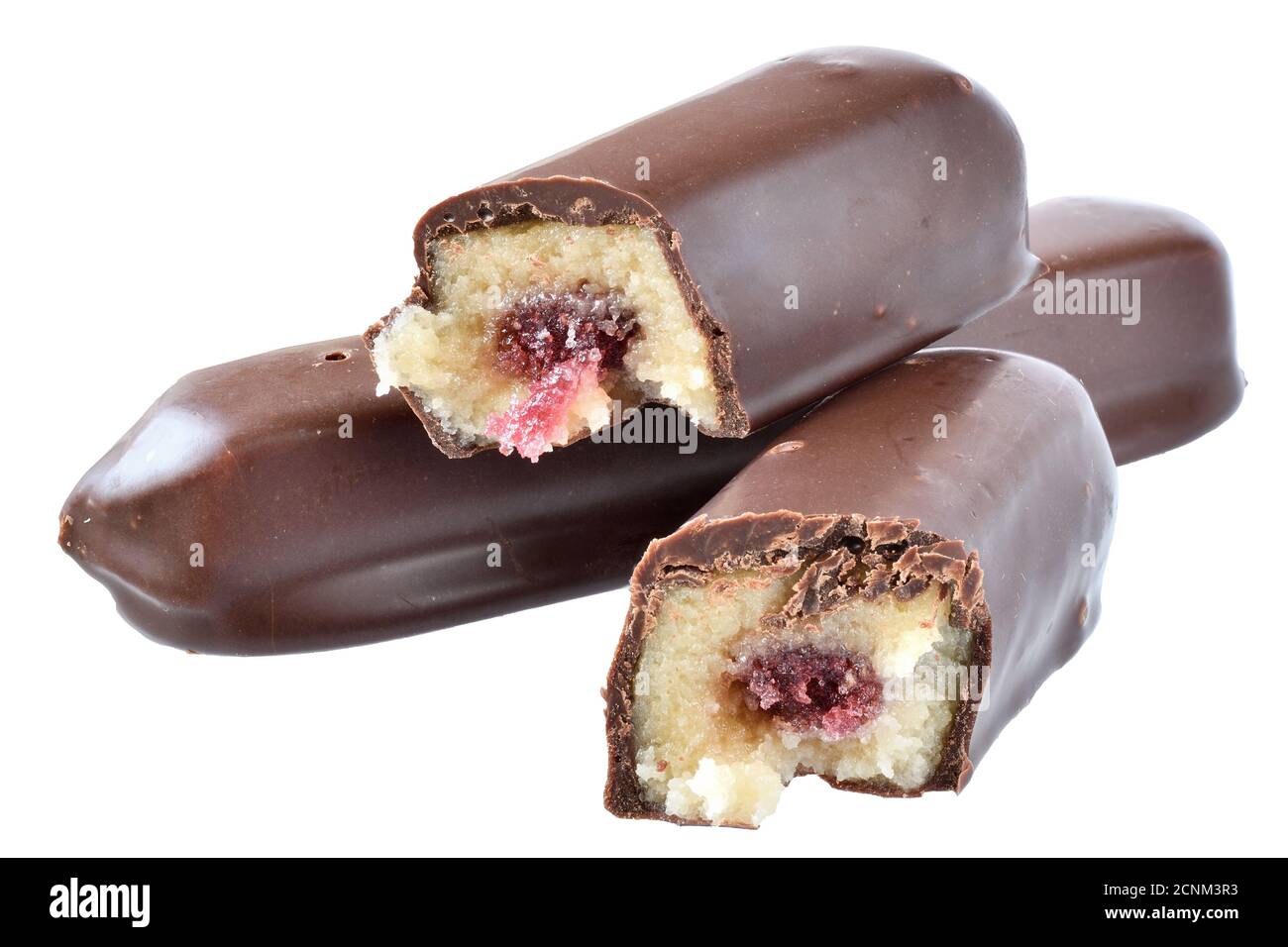 Chocolate marzipan bar with fruit filling isolated on a white ...