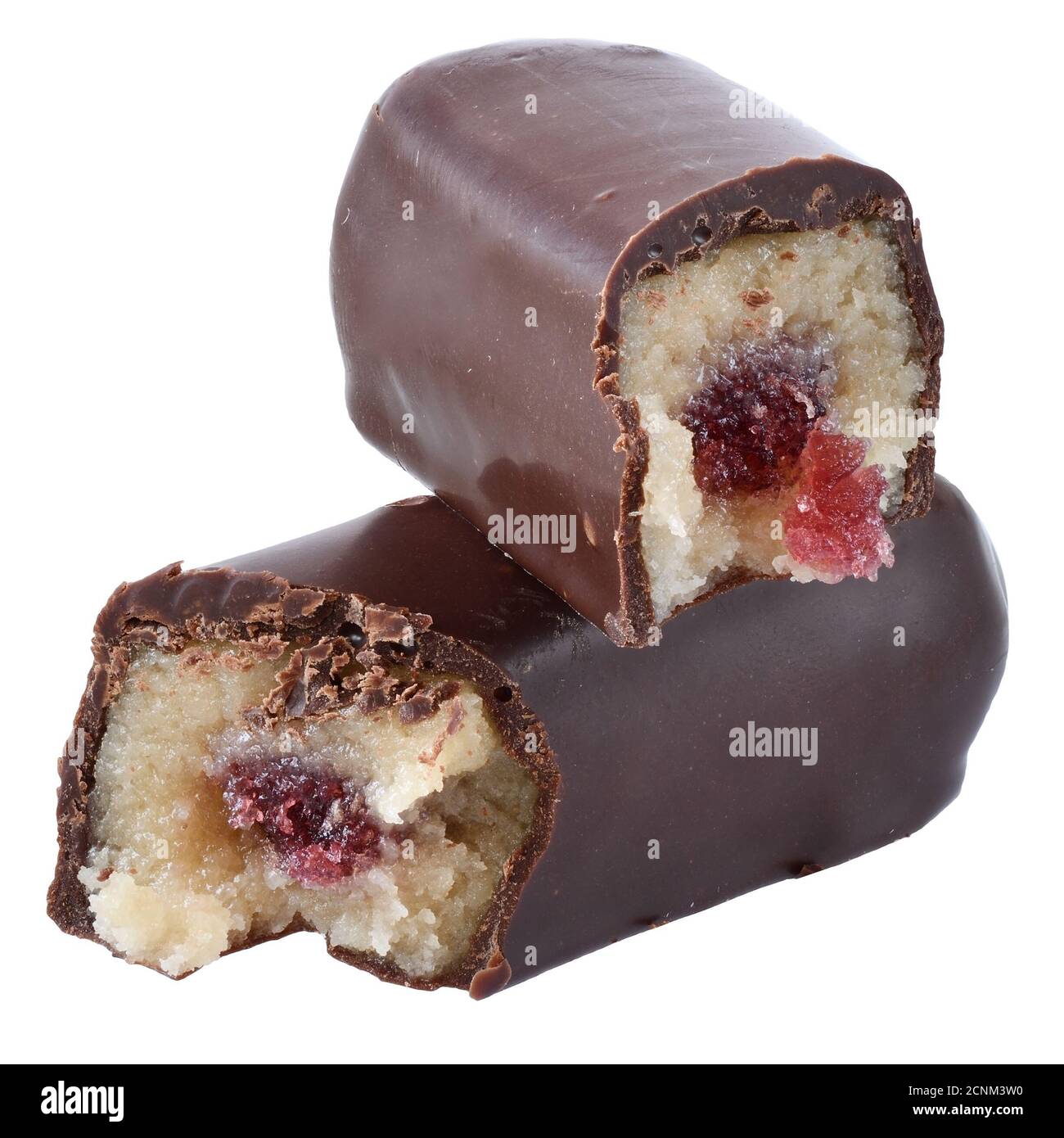 Chocolate marzipan bar with fruit filling isolated on a white ...