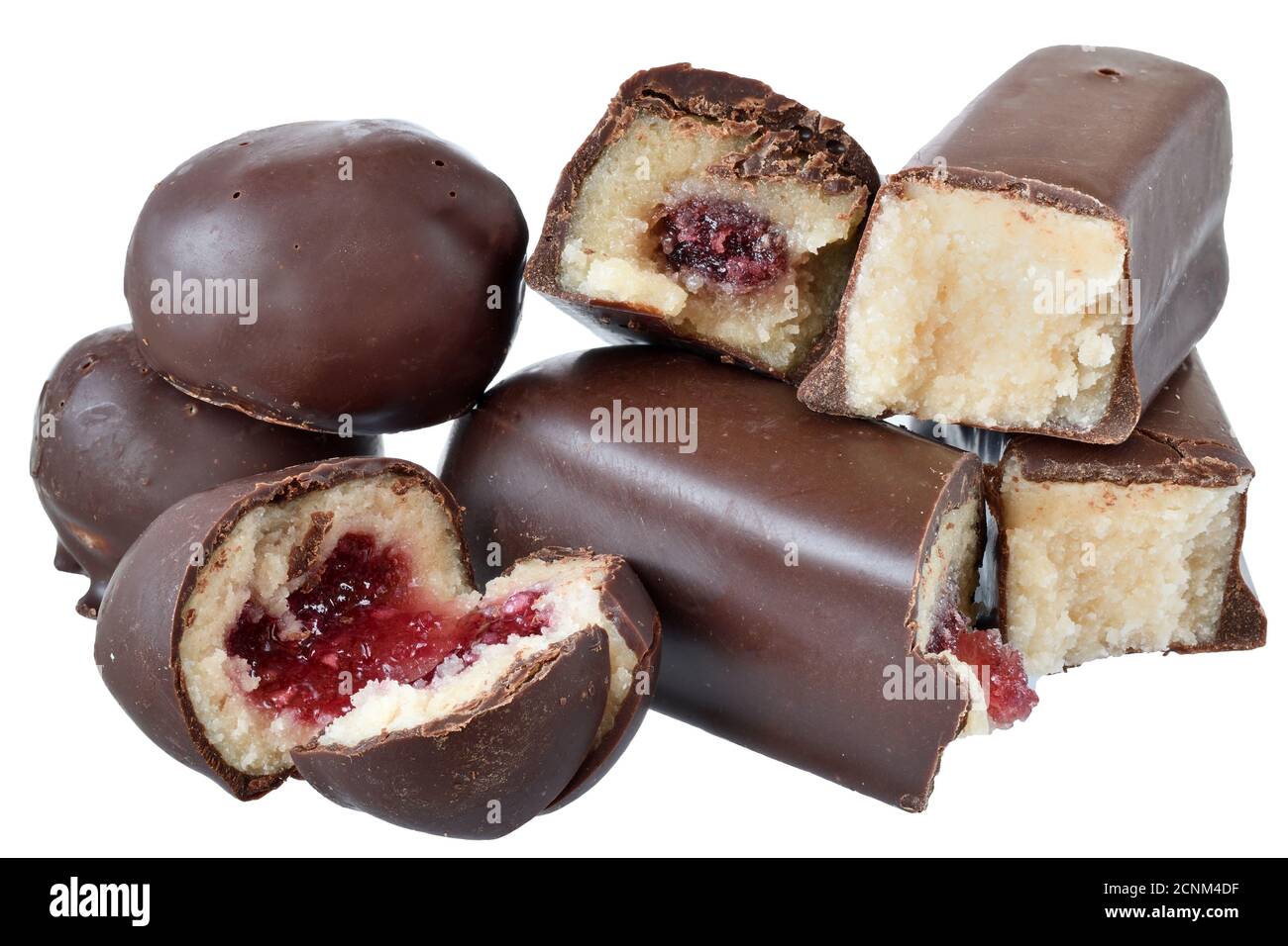 Chocolate marzipan bar with fruit filling isolated on a white ...