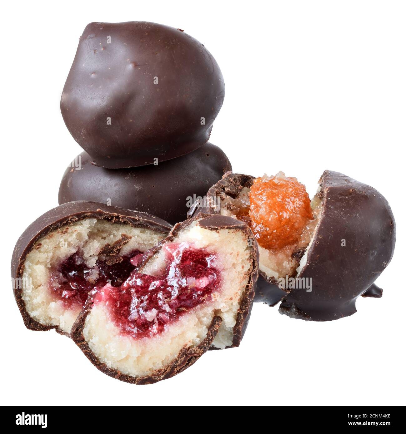 Chocolate marzipan bar with fruit filling isolated on a white ...