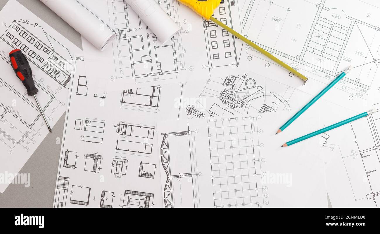 top view of architectural project of home interior design Stock Photo ...