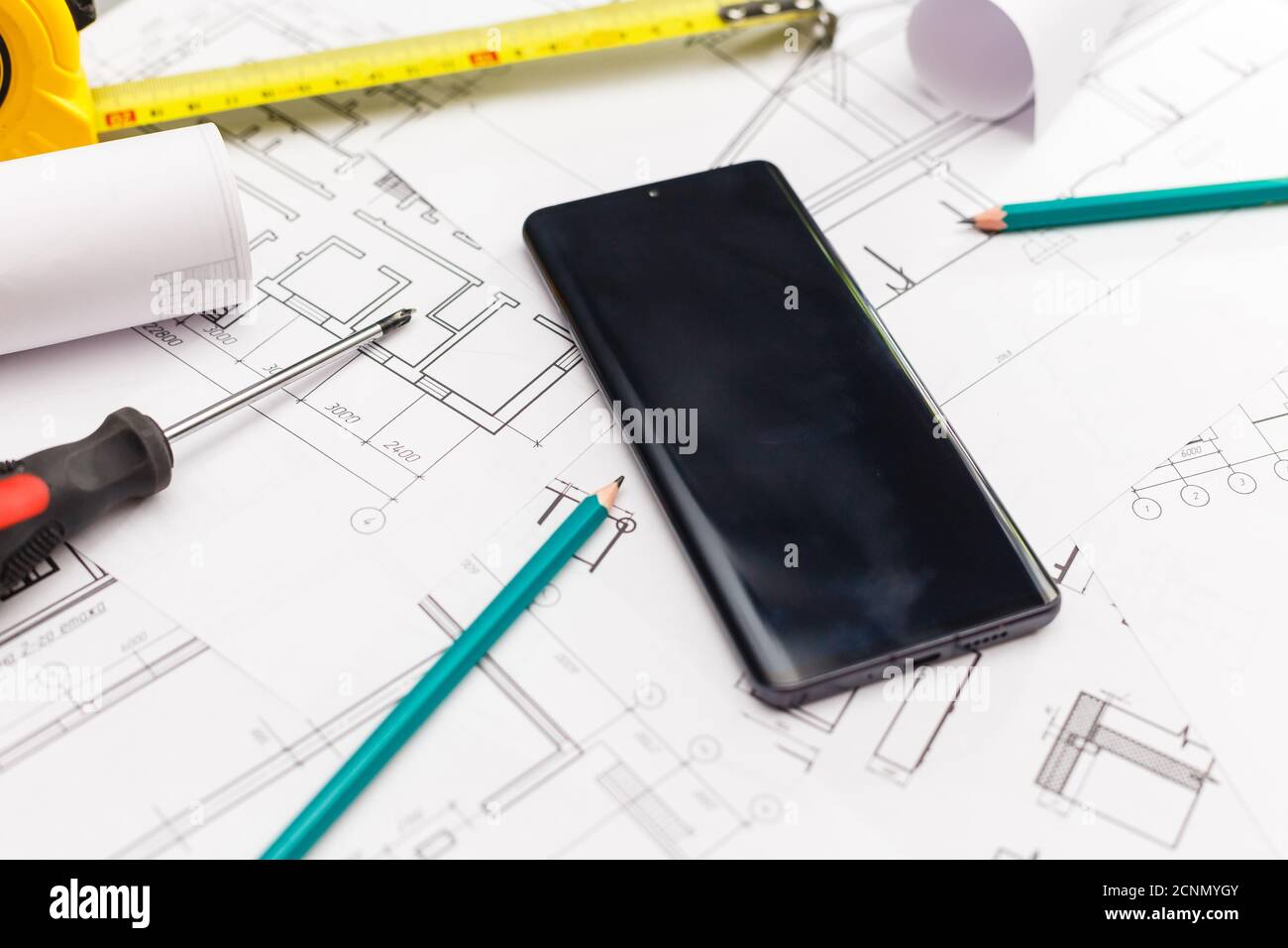 top view of architectural project of home interior design Stock Photo ...