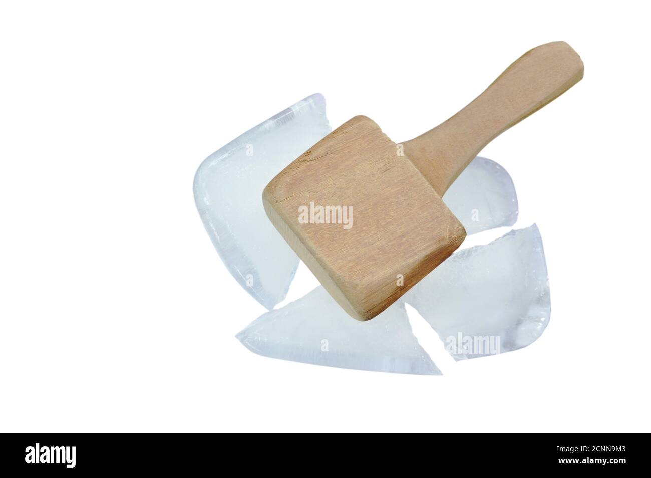 Big and heavy wooden hammer smashed ice brick on white background Stock ...