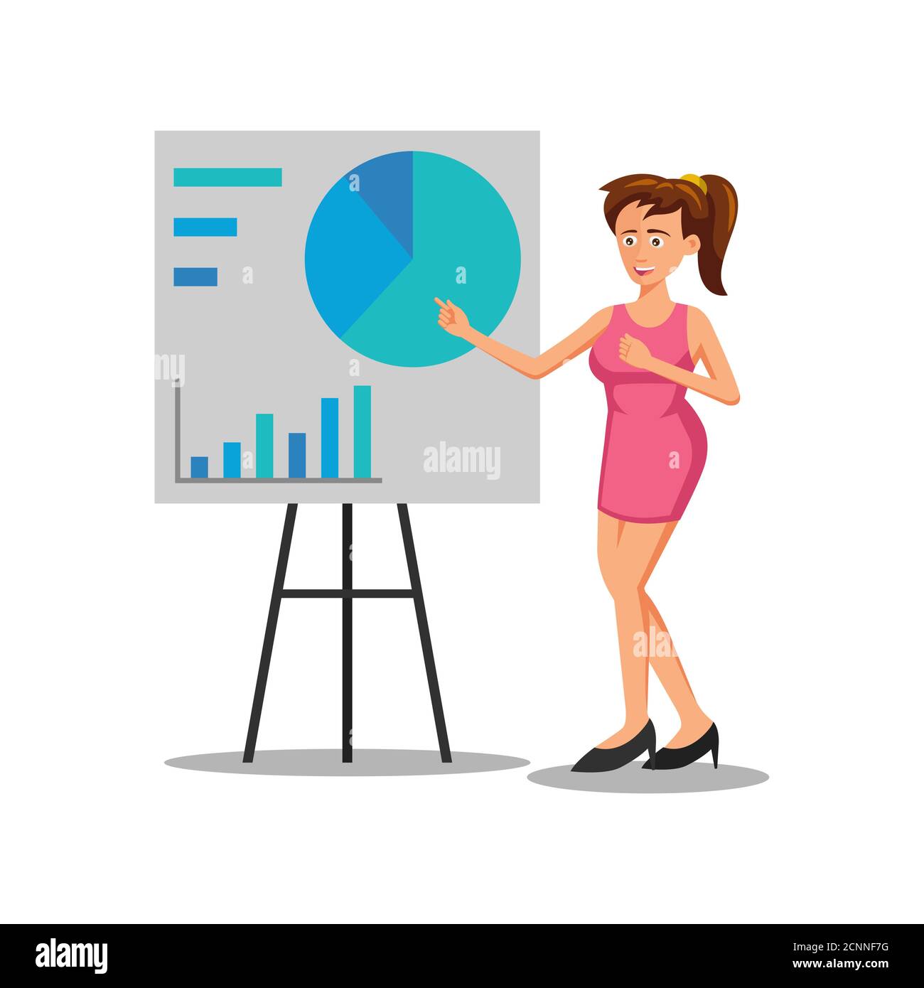 flat design of cartoon character of woman is presenting the ...