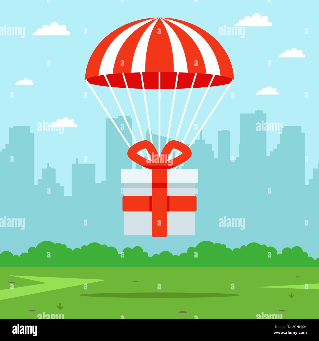 a gift falls from the sky by parachute. flat vector illustration Stock ...