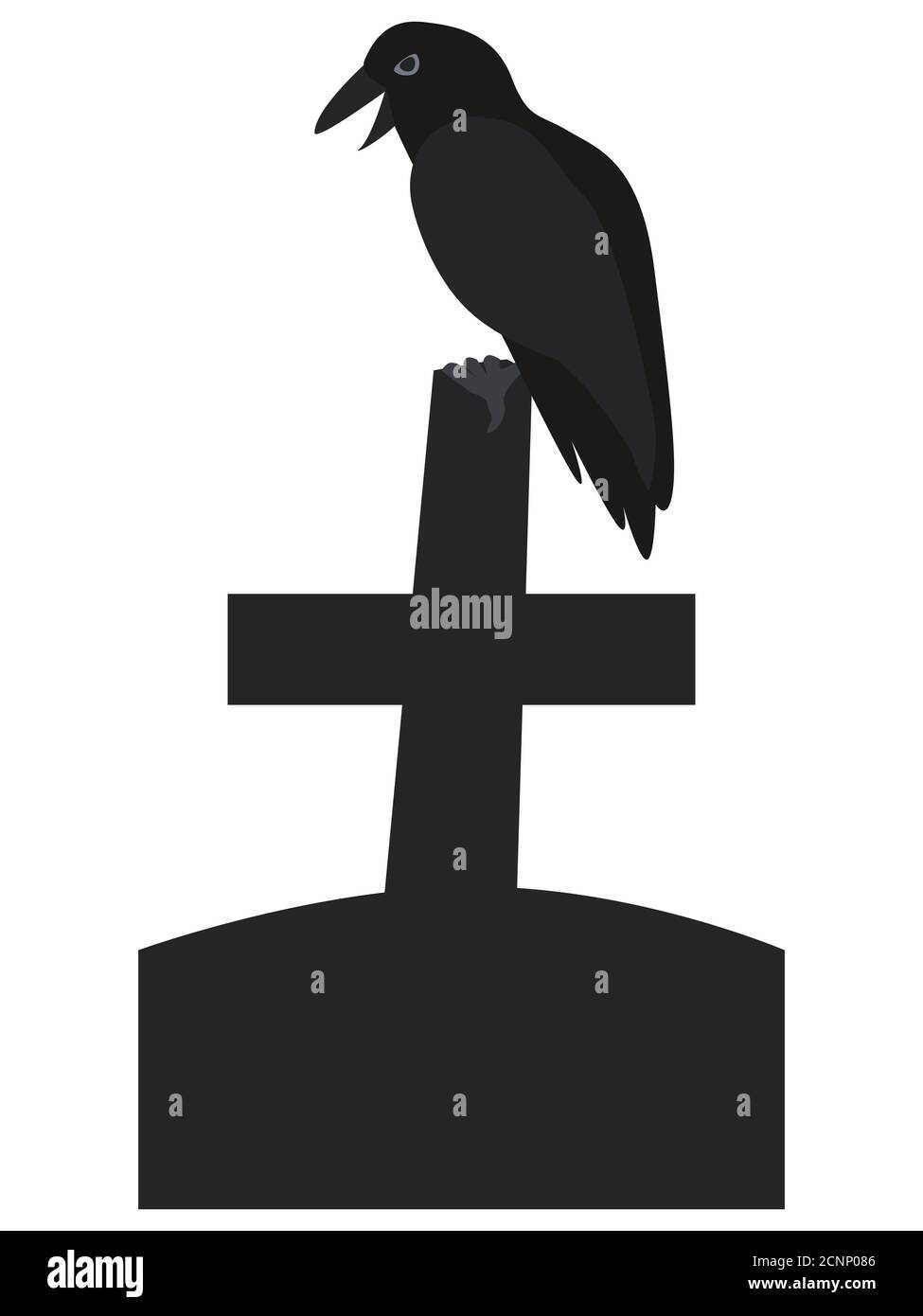 Vector illustration Raven is sitting on cross tombstone on a white ...