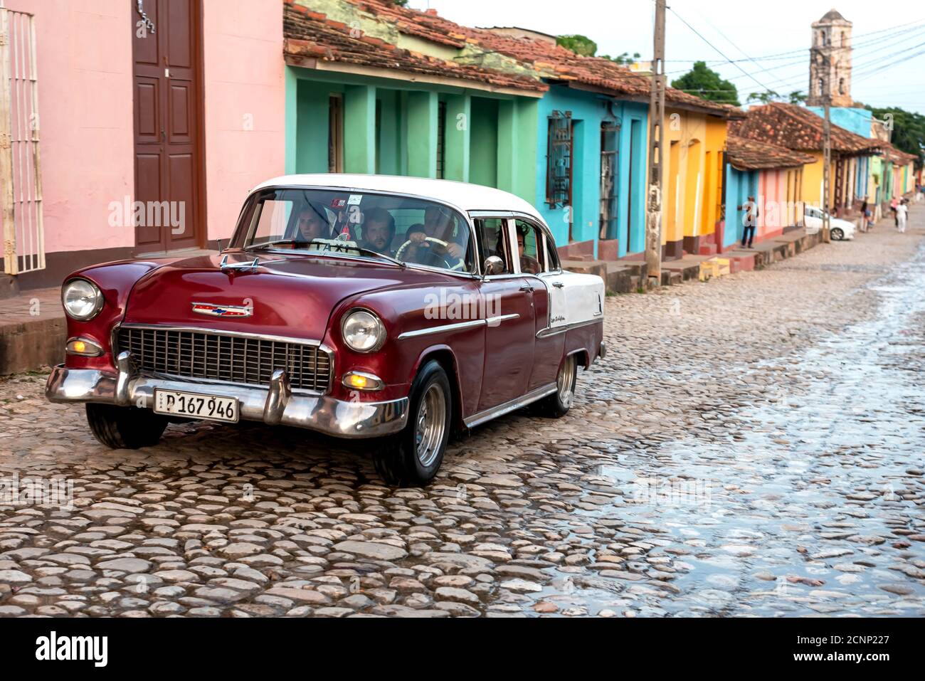 August 24, 2019: Street scene with an old American car on the ...