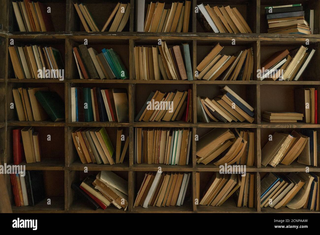 Books on shelves in a wooden rack. Bookshelf is like a background. High ...