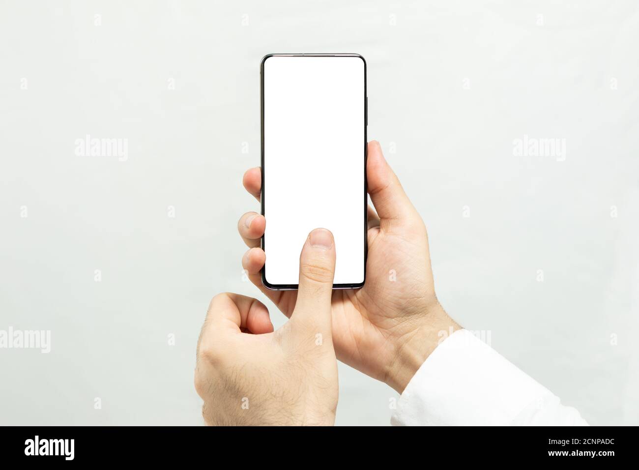 Touching white screen smartphone with isolated background Stock Photo ...